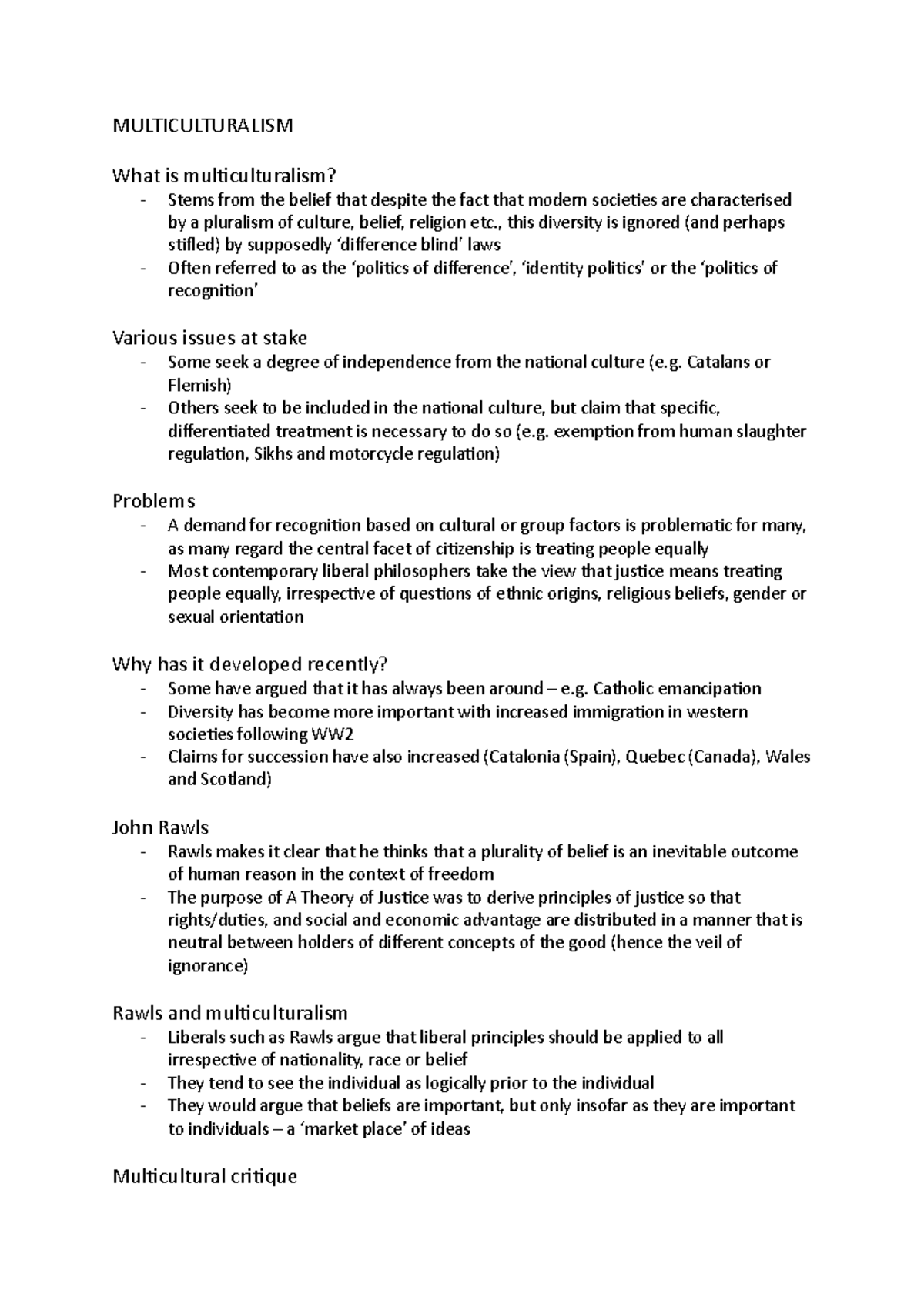 Multiculturalism - Lecture notes 9 - MULTICULTURALISM What is ...