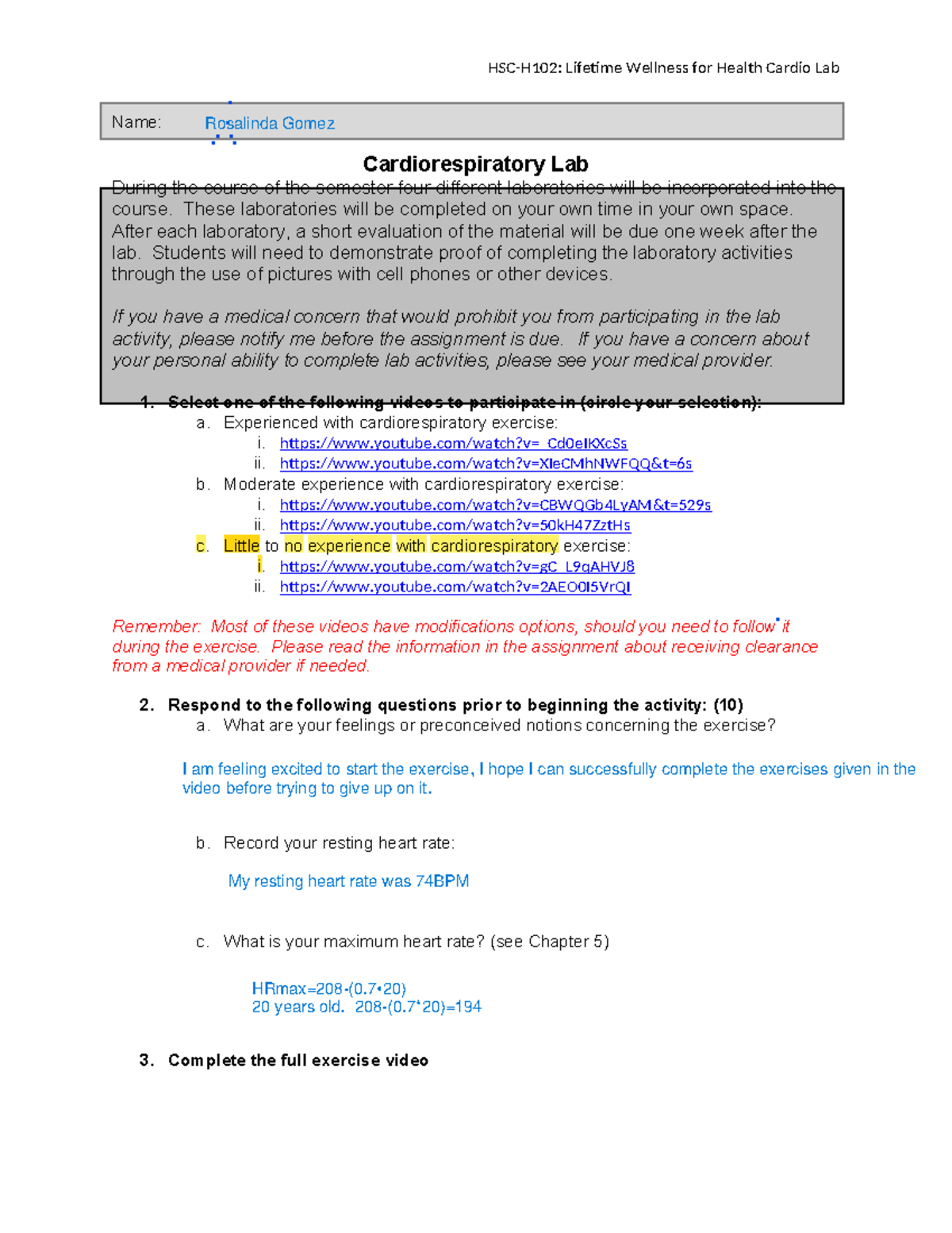 Cardio Lab - Lab assignments for health and wellness - HSC-H102 ...
