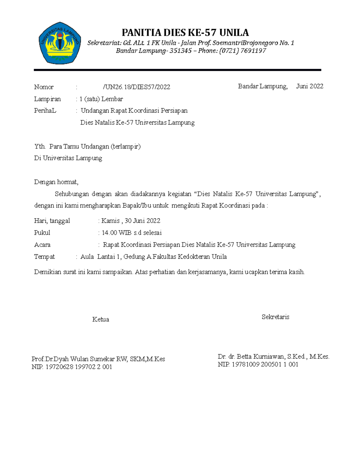 Surat Undangan Rapat Koordinasi - Sekretariat: Gd. ALt. 1 FK Unila ...
