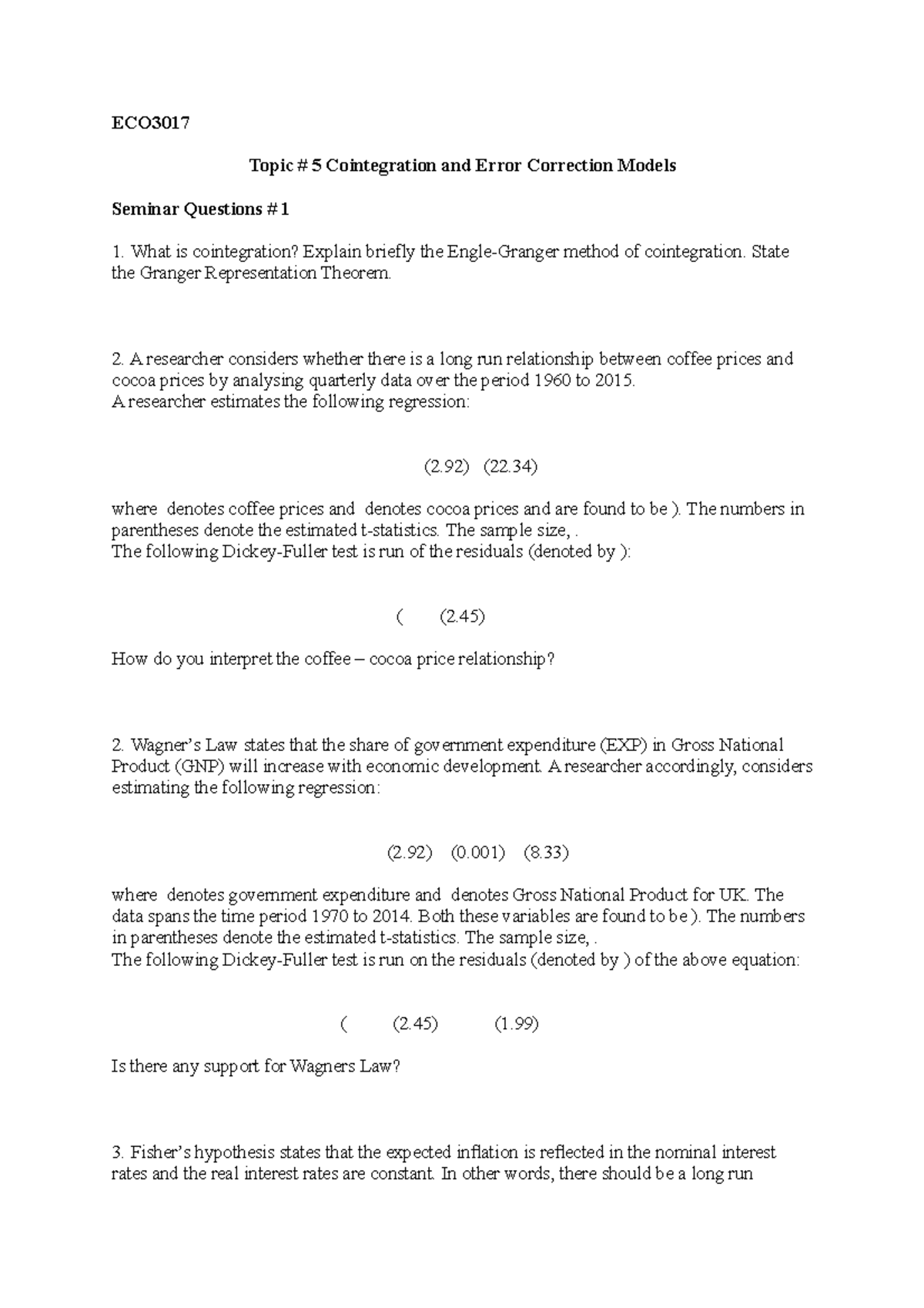 ECO3017 Seminar T5 - ECO Topic # 5 Cointegration and Error Correction ...