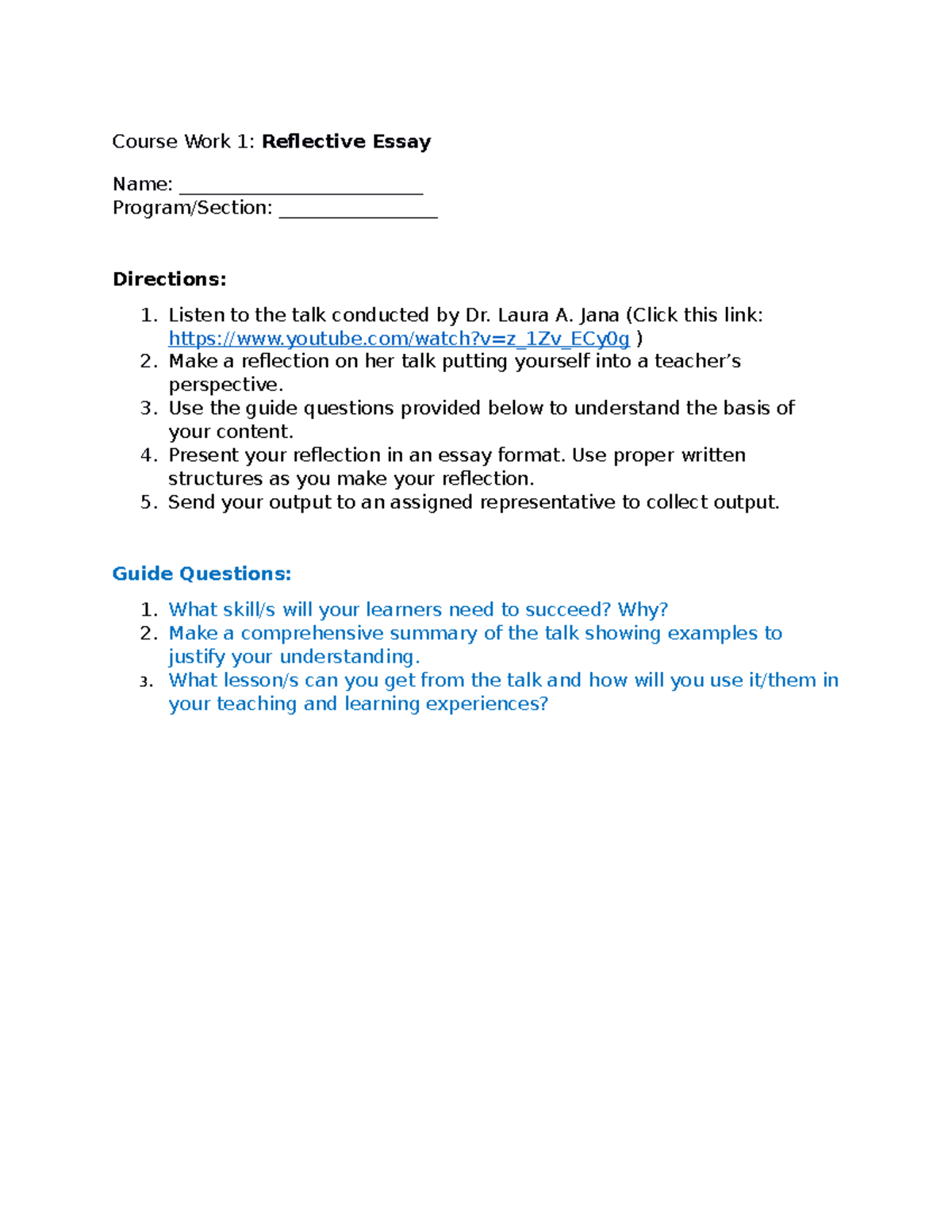 Coursework-1 - yes - Course Work 1: Reflective Essay Name ...