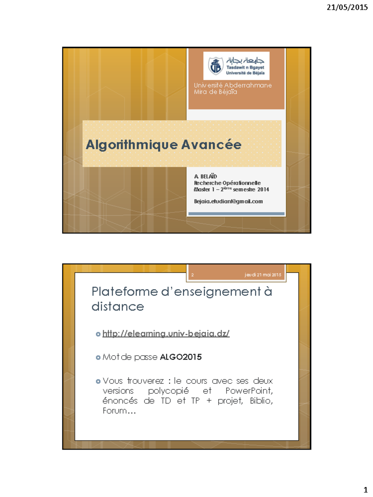 Cours Algorithmique avancé, univ Béjaia - Algorithmique Avancée A. BELAÏD Recherche ...