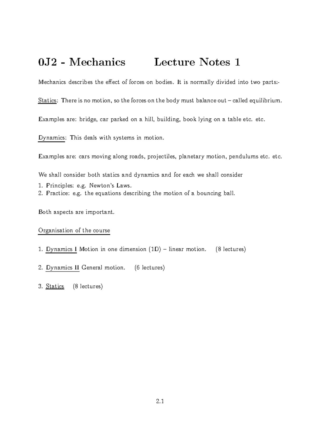 0J2Lecture Notes 1 Dynamics - 0J2 - Mechanics Lecture Notes 1 Mechanics ...