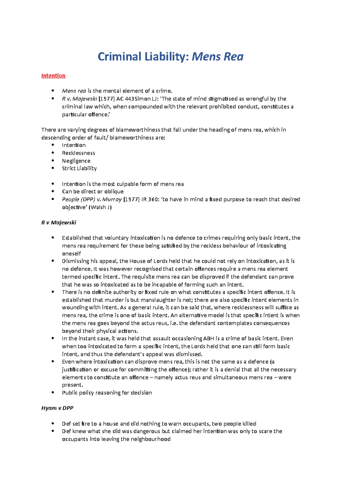 Mens Rea - These are various notes from different law modules ...