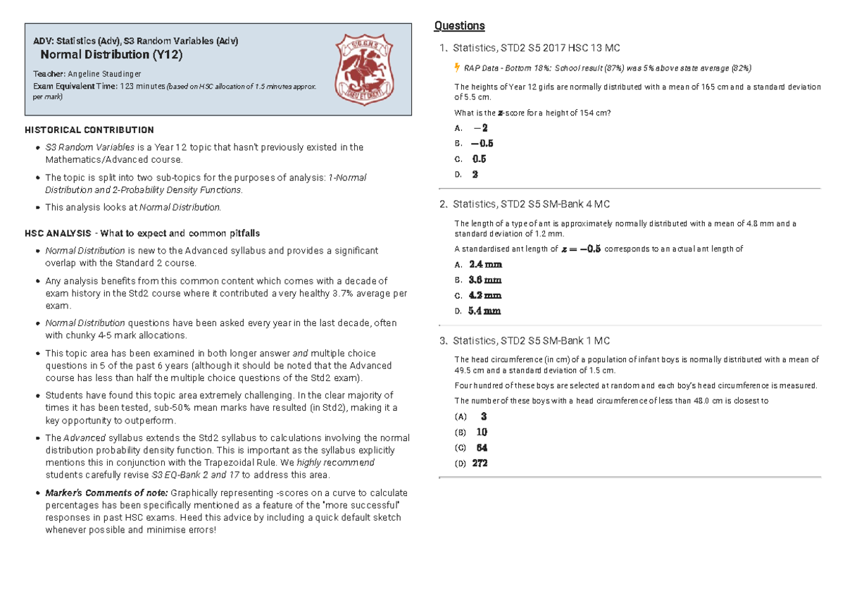 Smarter Maths - Yr 12 - Normal Distribution - ADV: Statistics (Adv), S3 ...
