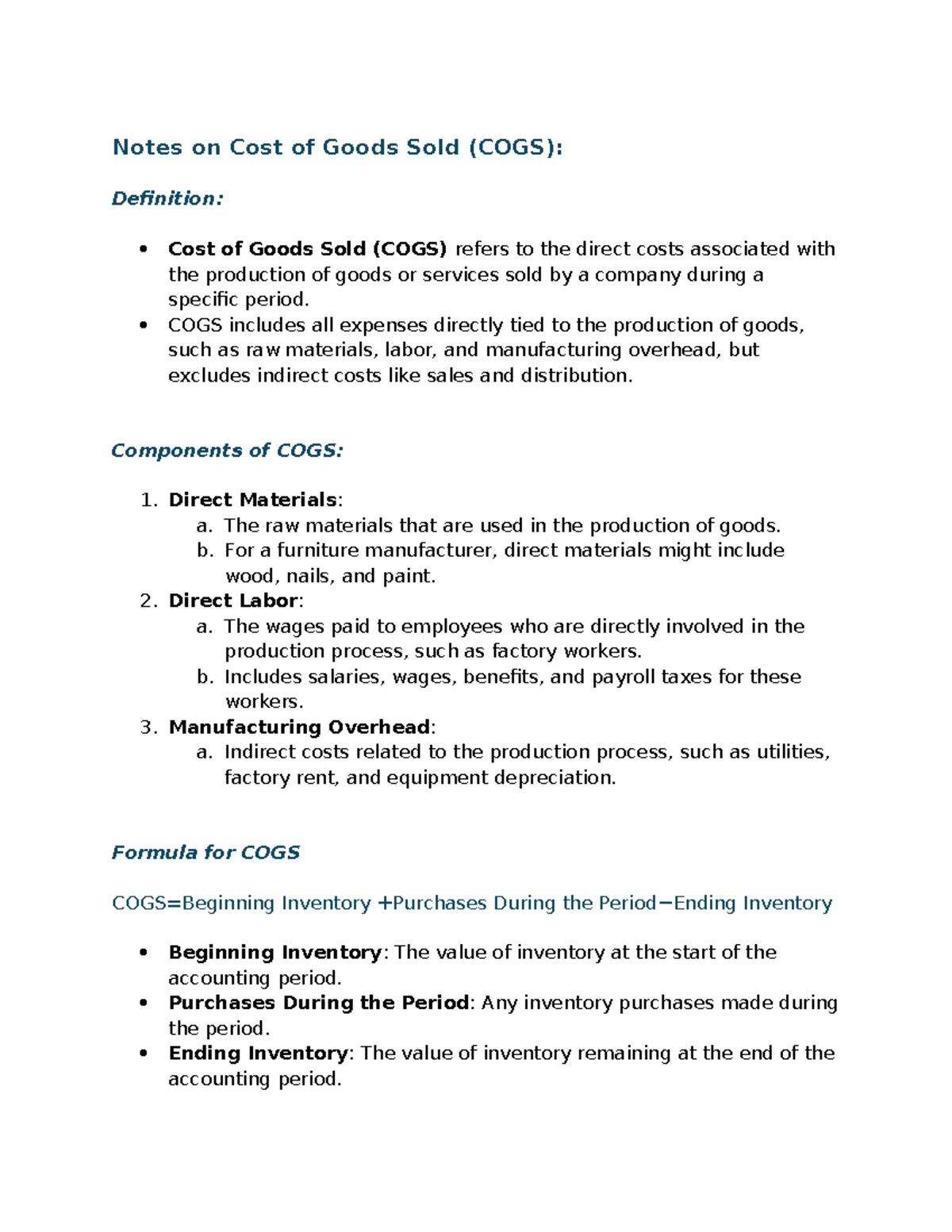 Notes on Cost of Goods Sold (COGS) - Notes on Cost of Goods Sold (COGS ...