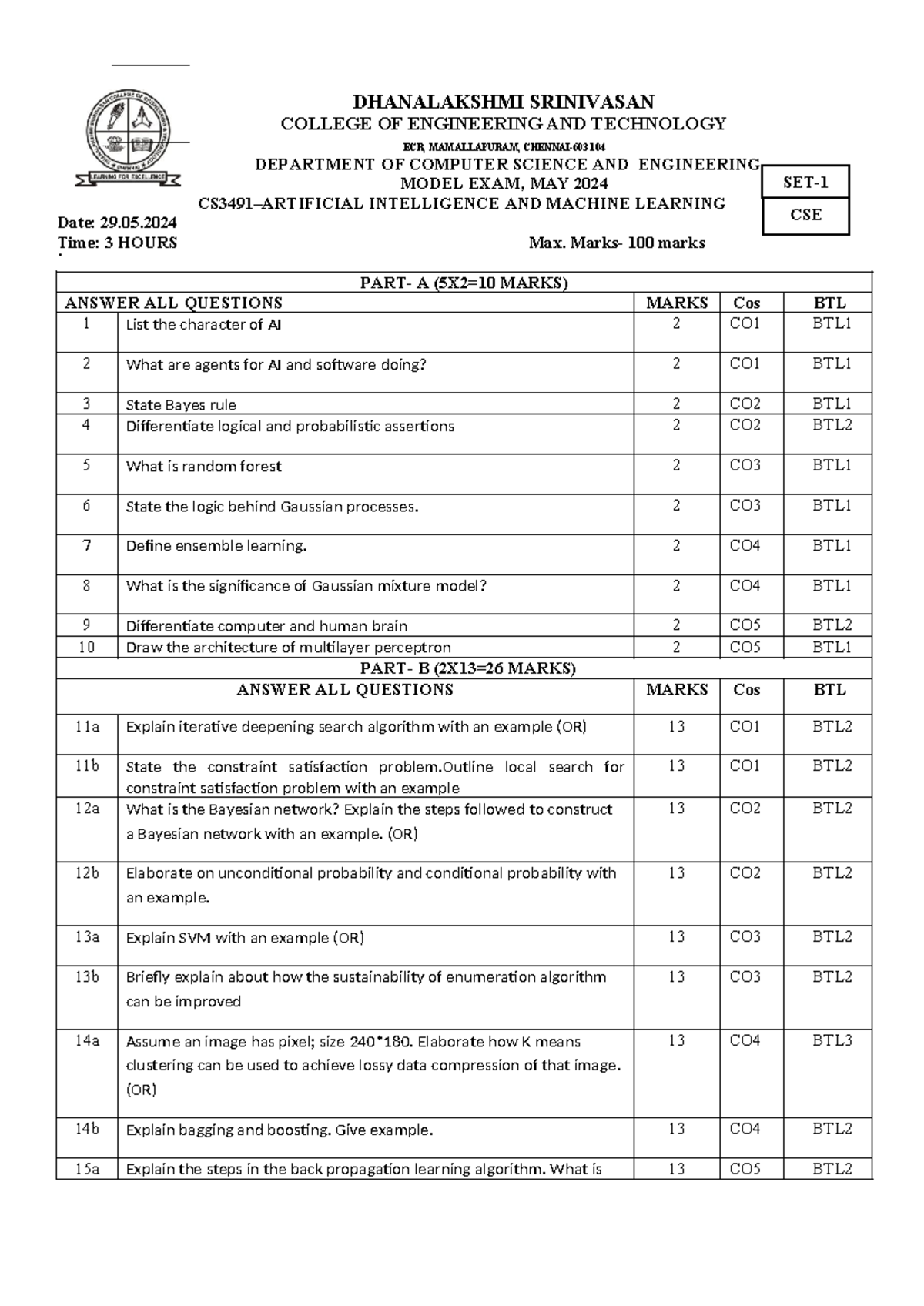 AIML Model Question - AIML - DHANALAKSHMI SRINIVASAN COLLEGE OF ...