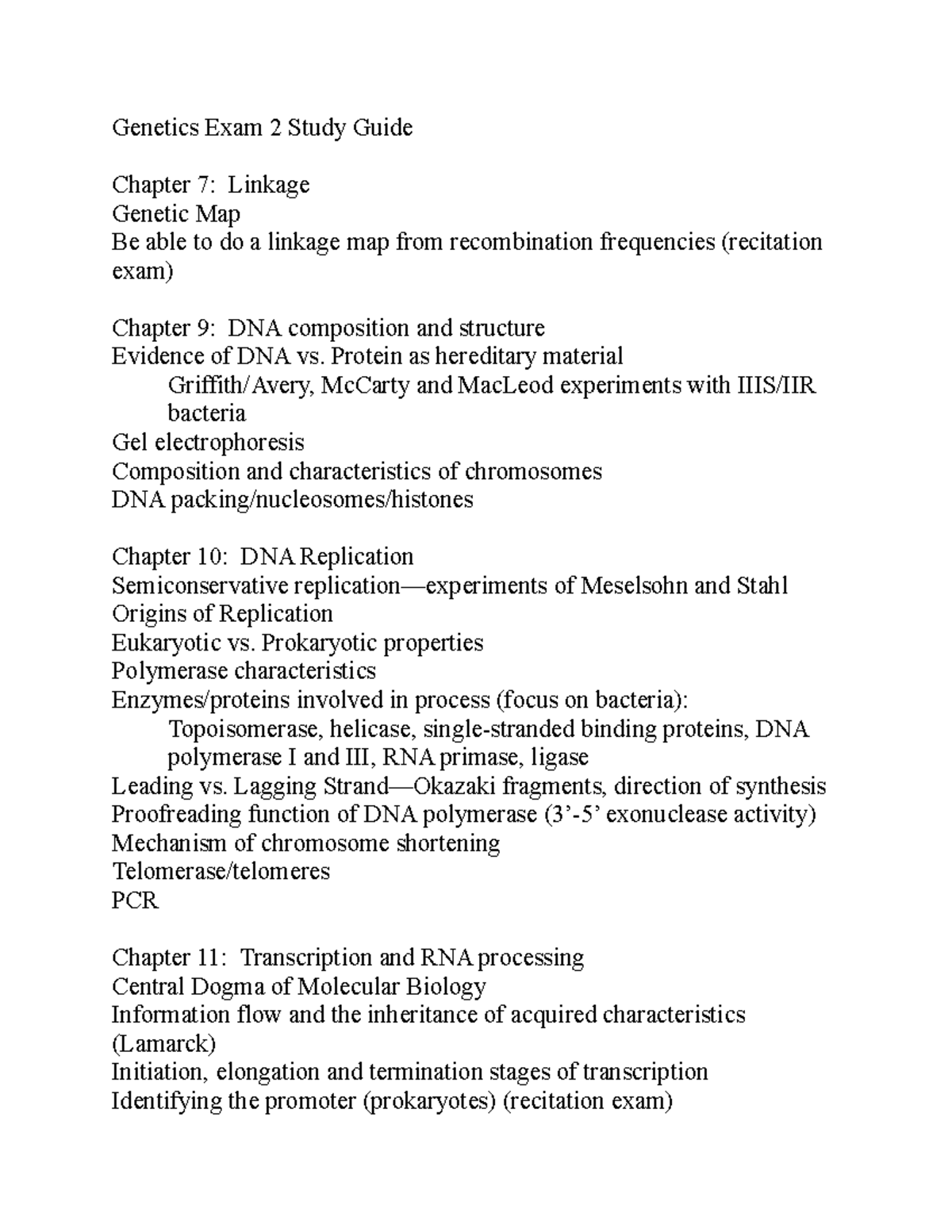 Genetics Exam II Study Guide - Genetics Exam 2 Study Guide Chapter 7 ...