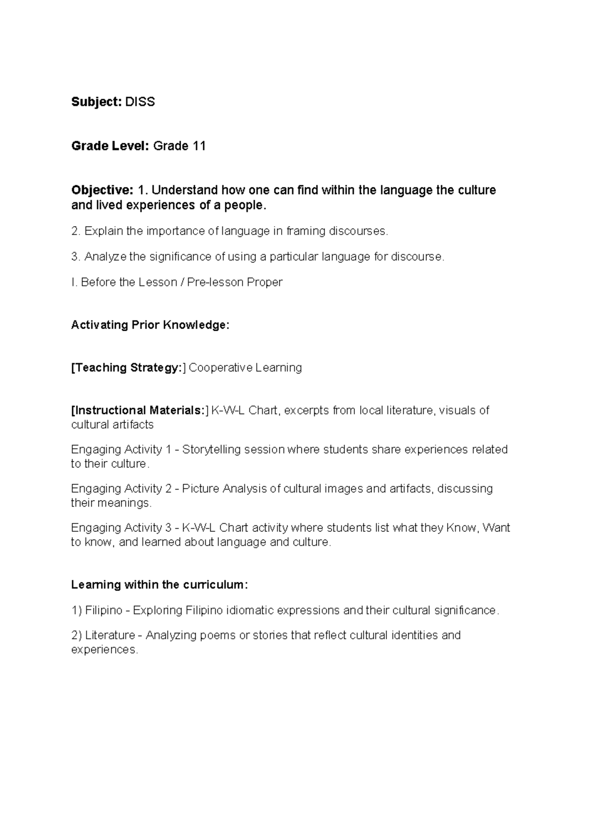 Lesson plan - N/a - Subject: DISS Grade Level: Grade 11 Objective: 1 ...