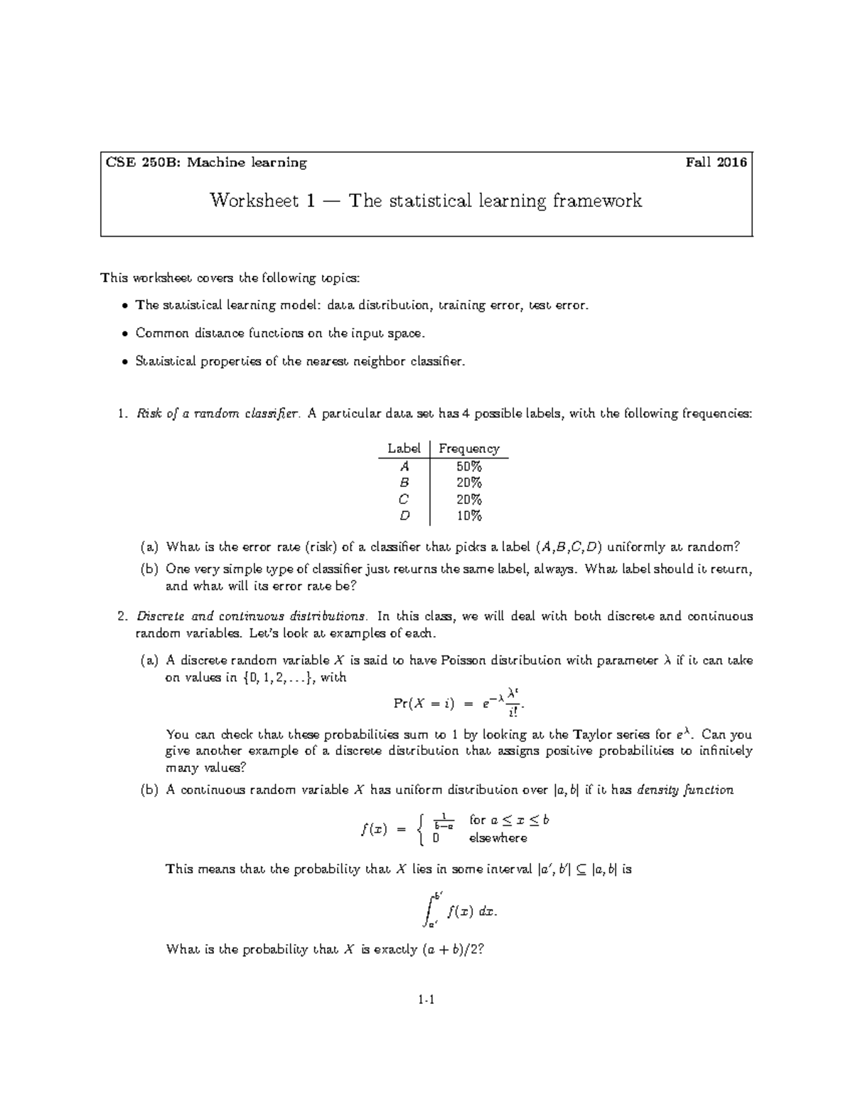 Worksheet 1 — The statistical learning framework - CSE 250B: Machine ...