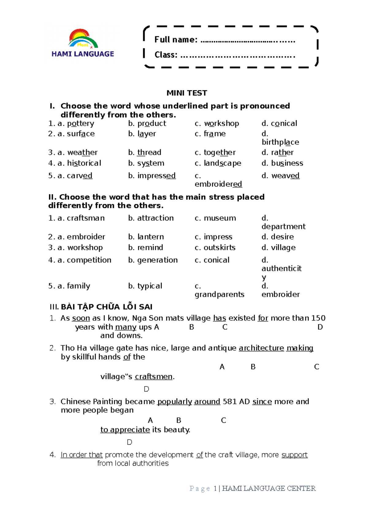 MINI TEST G8 - bài tập tiếng anh cấp 2 - MINI TEST I. Choose the word ...