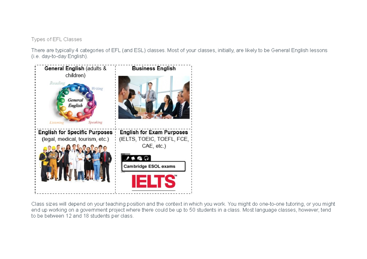 TEFL 2 - course notes - Types of EFL Classes There are typically 4 ...