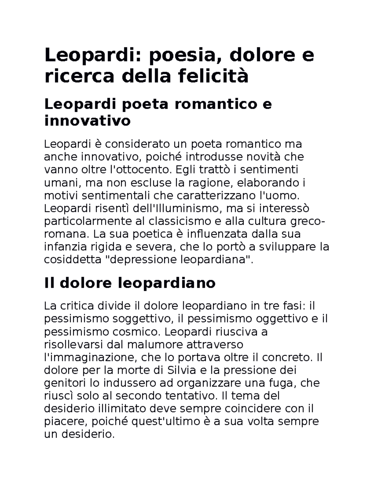 Riassunto Leopardi poesia, dolore e ricerca della felicità - Leopardi ...