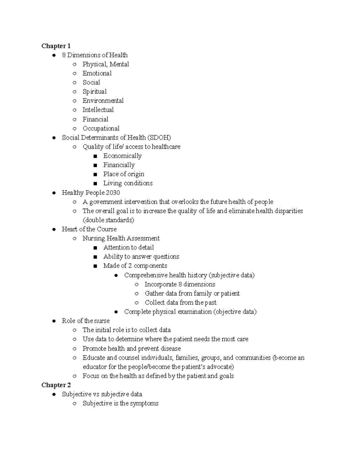 Health Assessment - Chapters 1-6 and chapter 13 notes - Chapter 1 8 ...