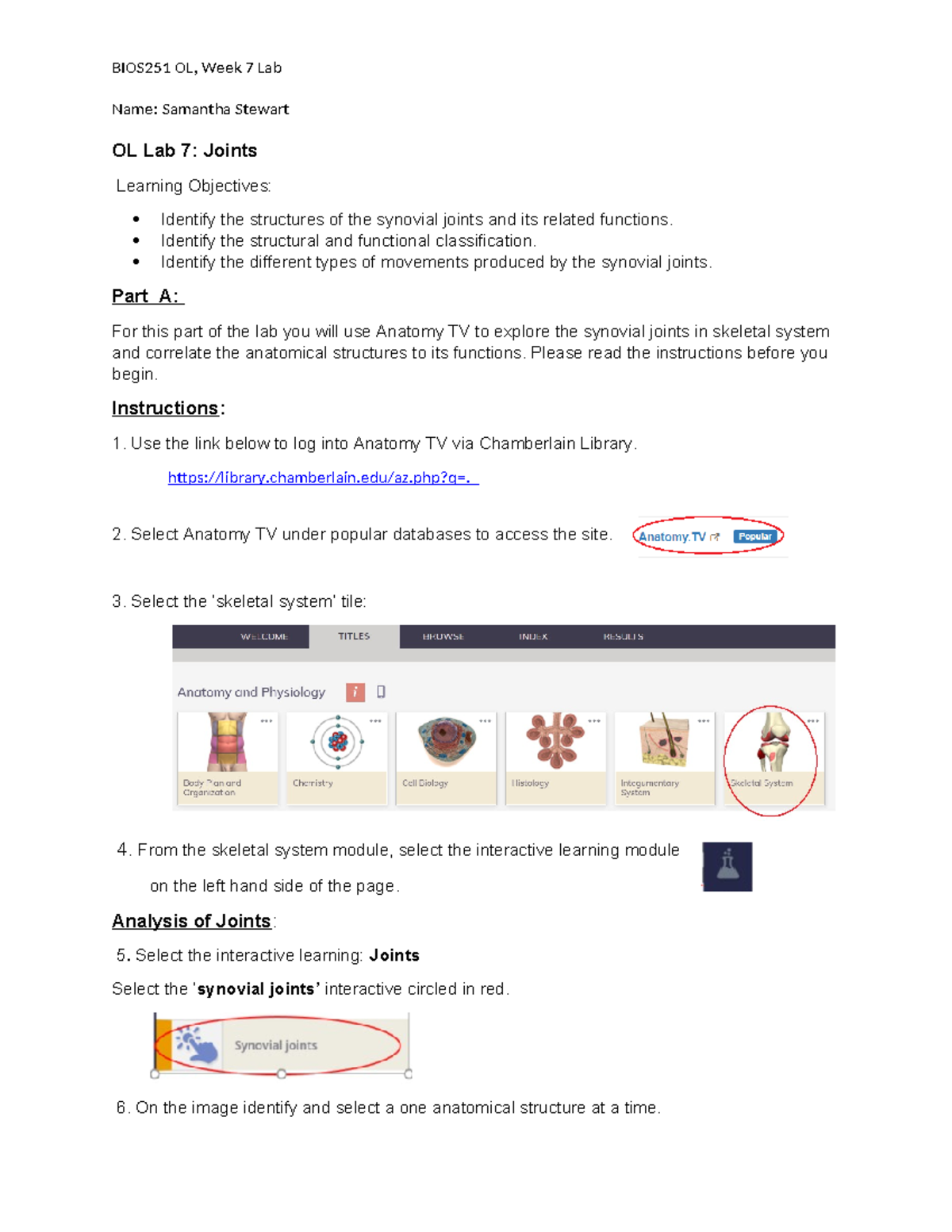 WEEK 7 joints lab - week 7 lab - Name: Samantha Stewart OL Lab 7: Joints Learning Objectives ...