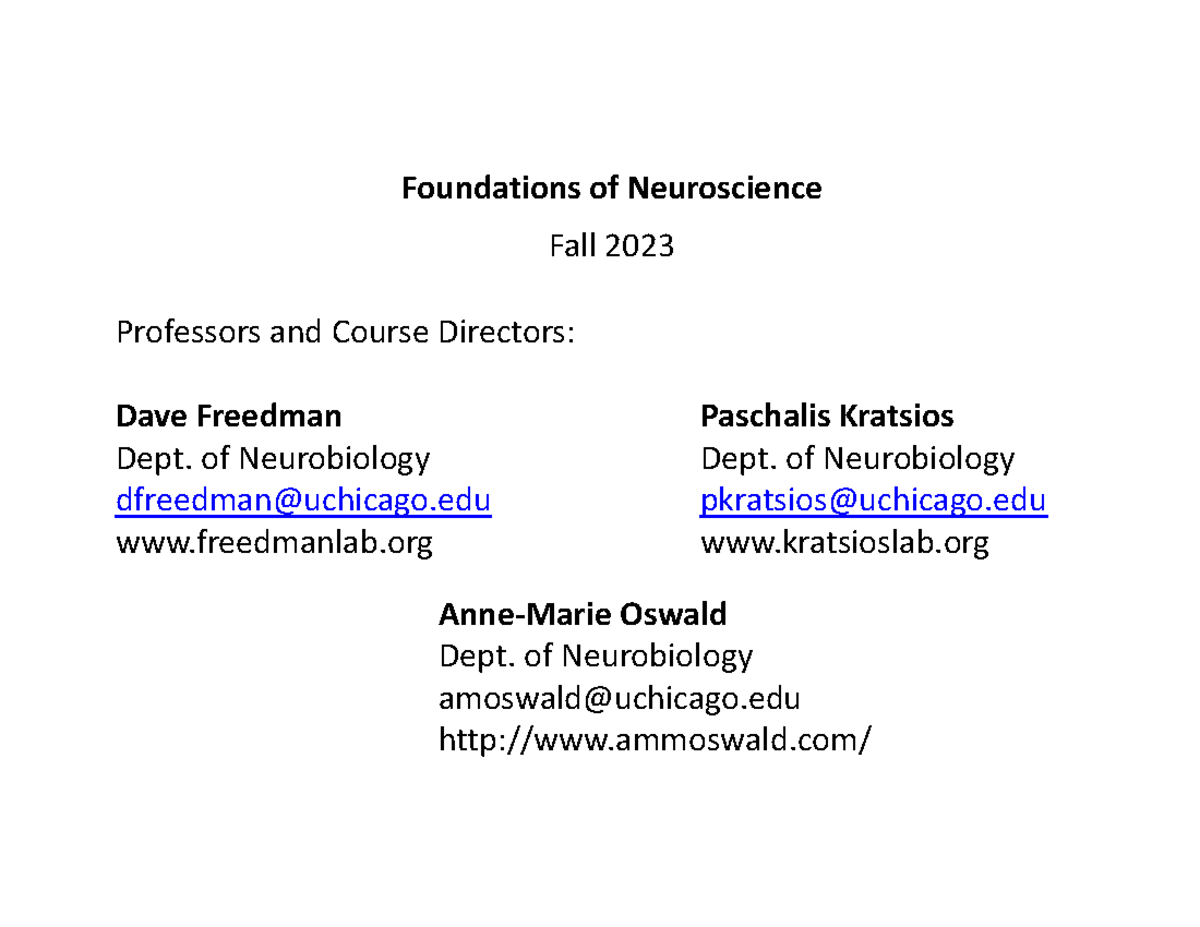 Lecture 1 Slides - Foundations of Neuroscience Fall 2023 Professors and ...