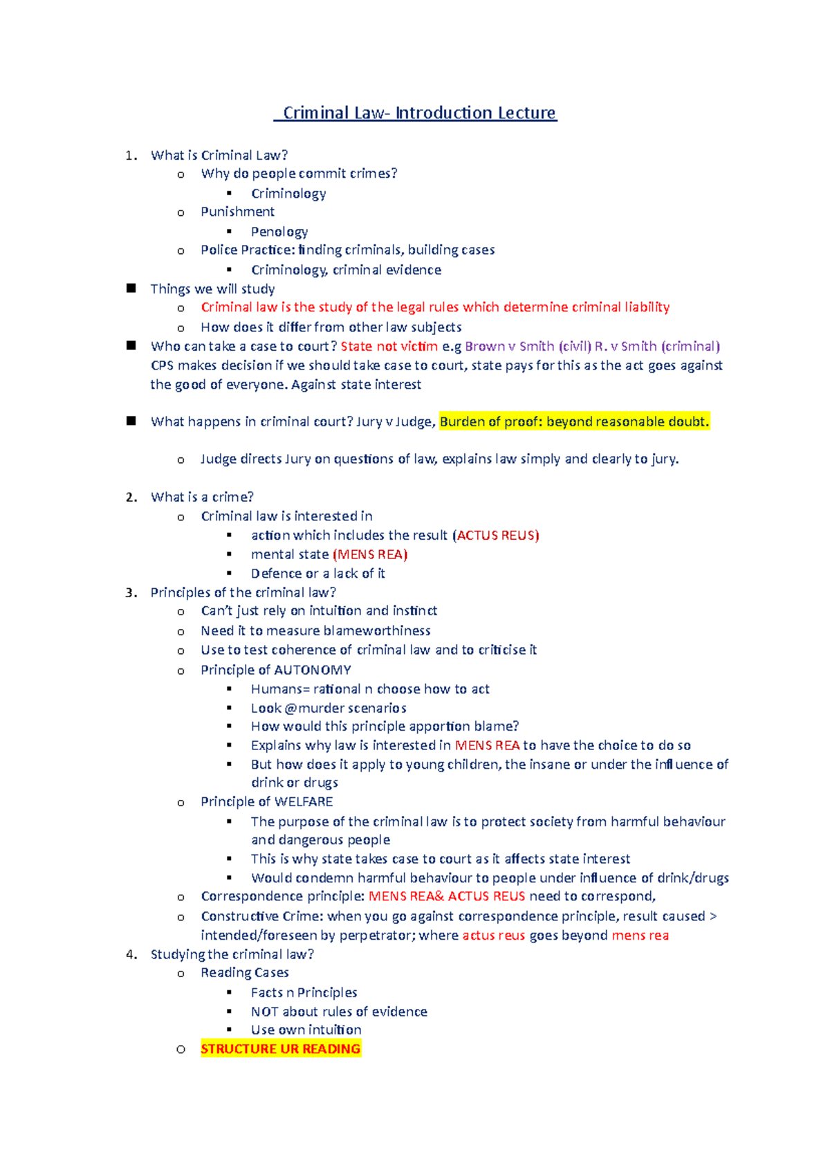 Criminal Law Lecture 1 Intro - Criminal Law- Introduction Lecture What ...