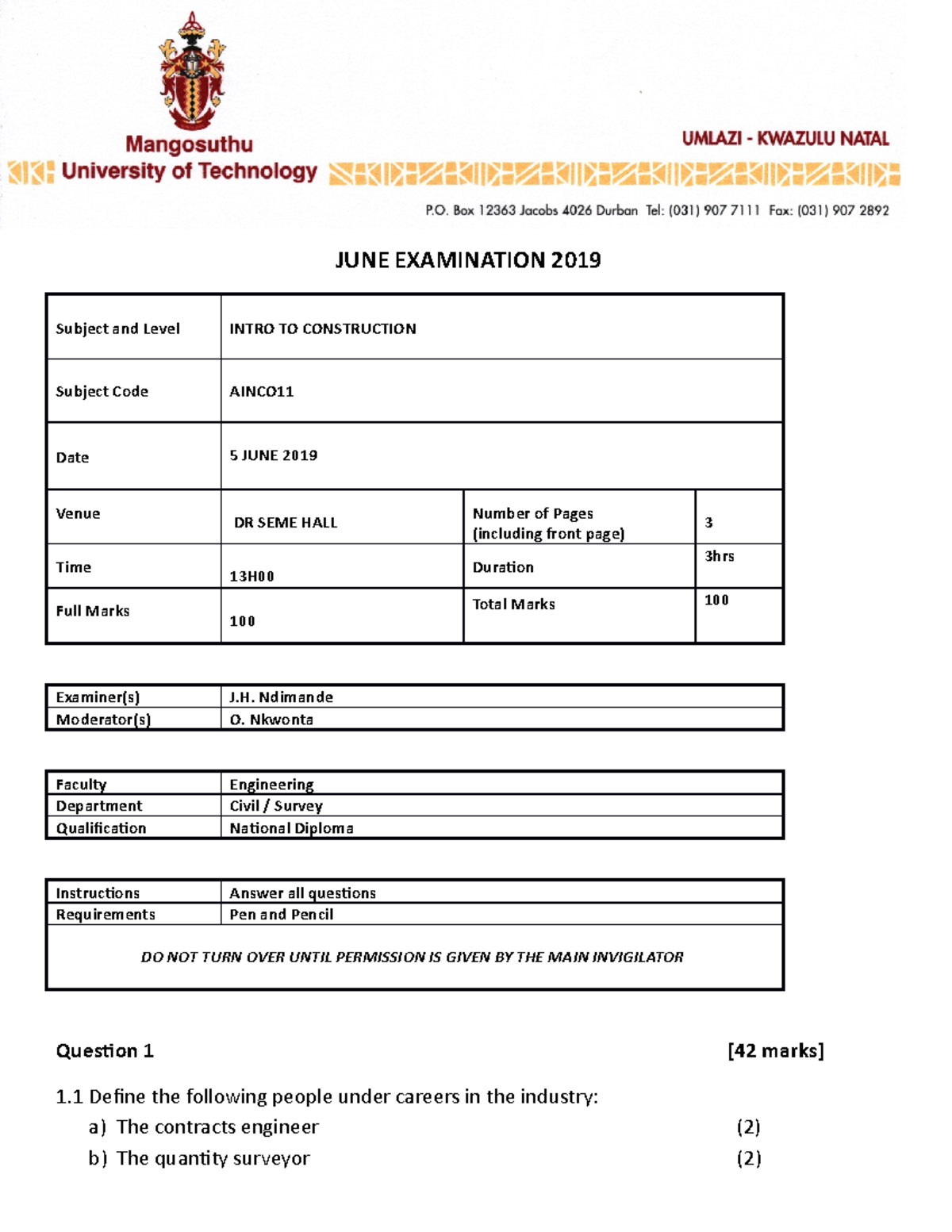 Intro to constr June 2019 Exam - JUNE EXAMINATION 2019 Subject and ...