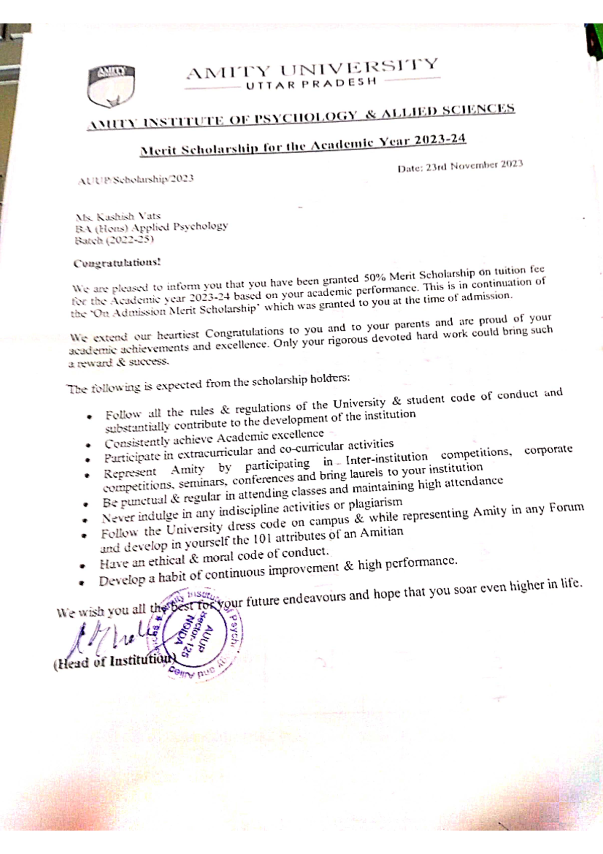 Scholarship letter - Good - ANCE AMITY UNIVERSITY UTTAR PRADESH AMITY ...