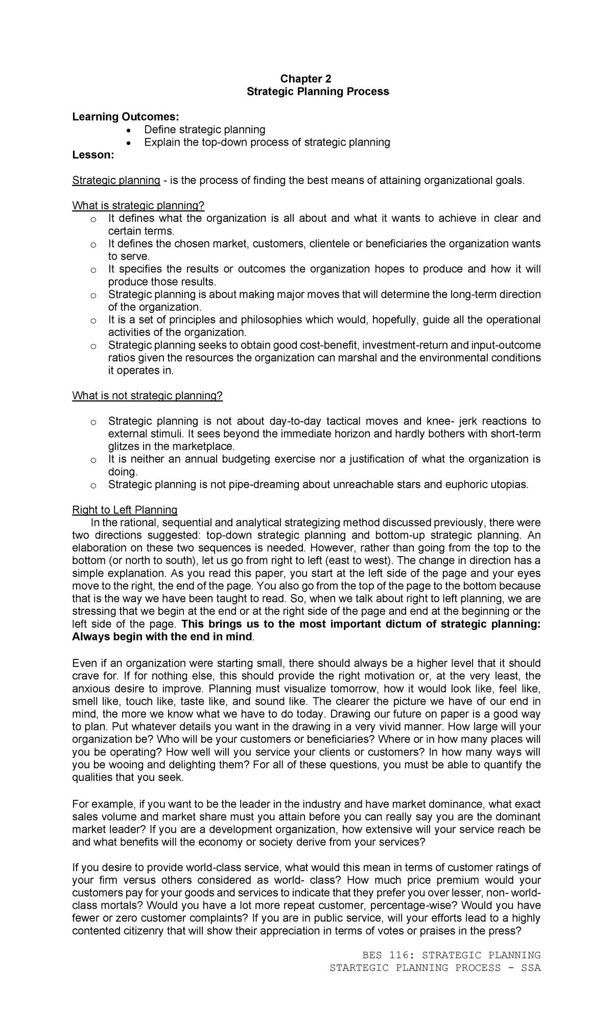BES 116 Topic 2 - LECTURE - BES 116: STRATEGIC PLANNING Chapter 2 ...