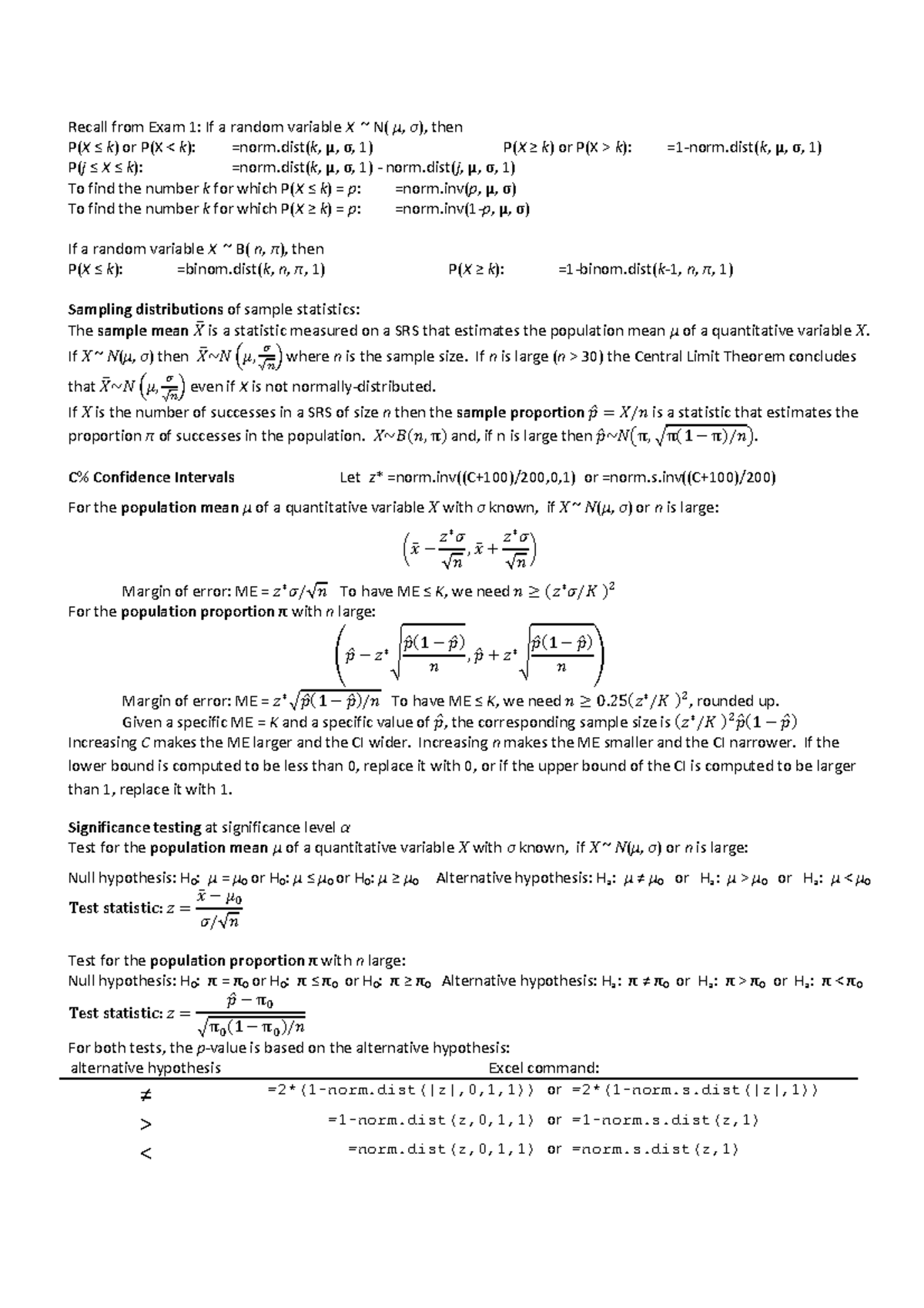 Exam 2 Formula Sheet - Recall from Exam 1: If a random variable X ~ N ...