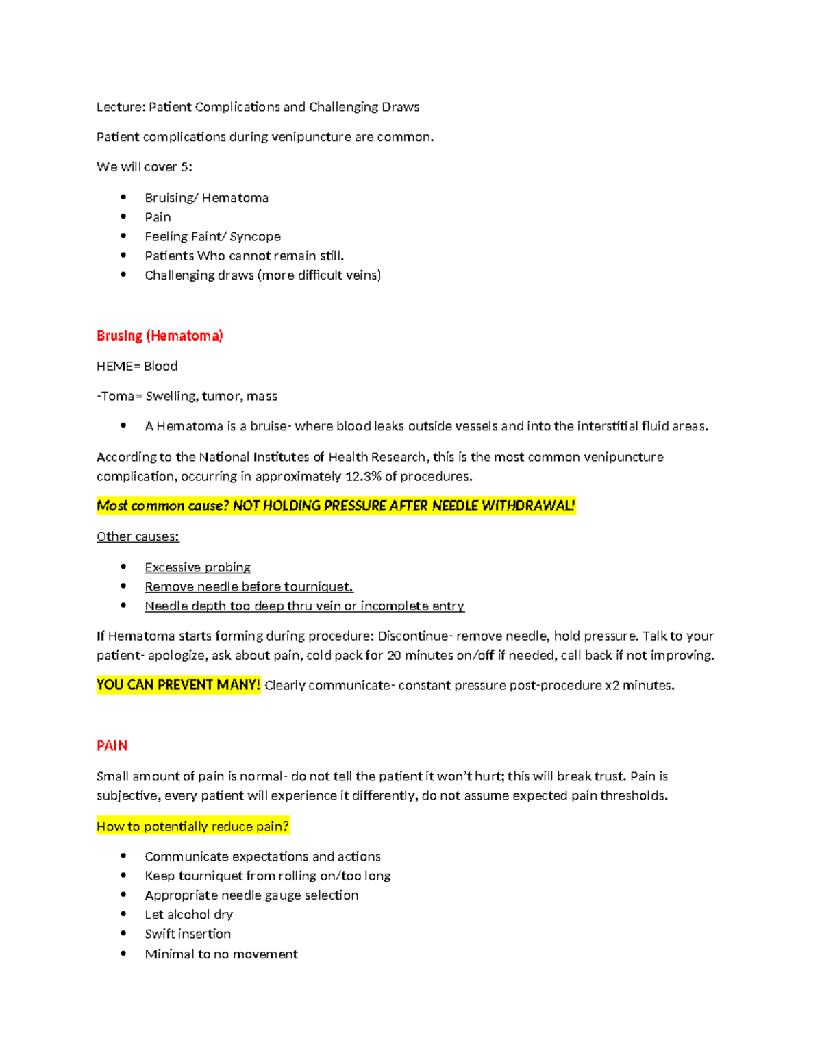 Wek 7 Patient Complications and challenging draws lec. notes - Lecture ...
