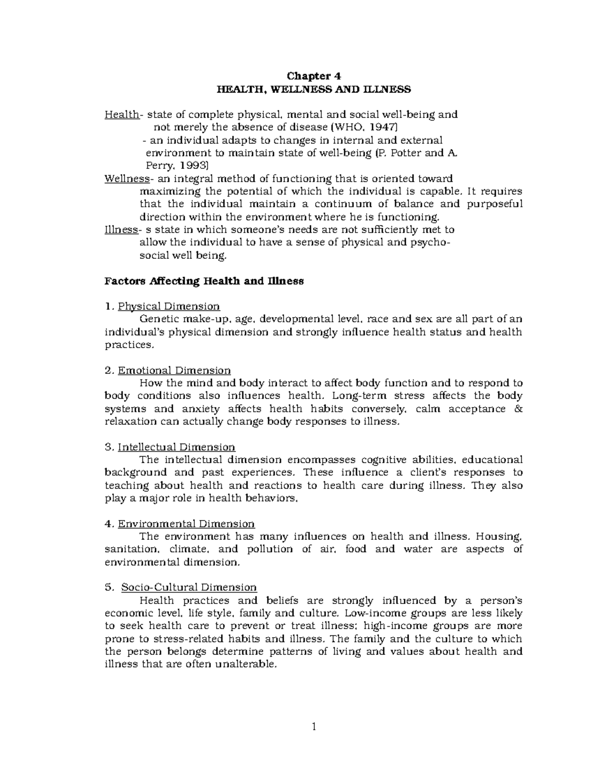 Chapter 4 - Lecture notes 4 - Chapter 4 HEALTH, WELLNESS AND ILLNESS ...