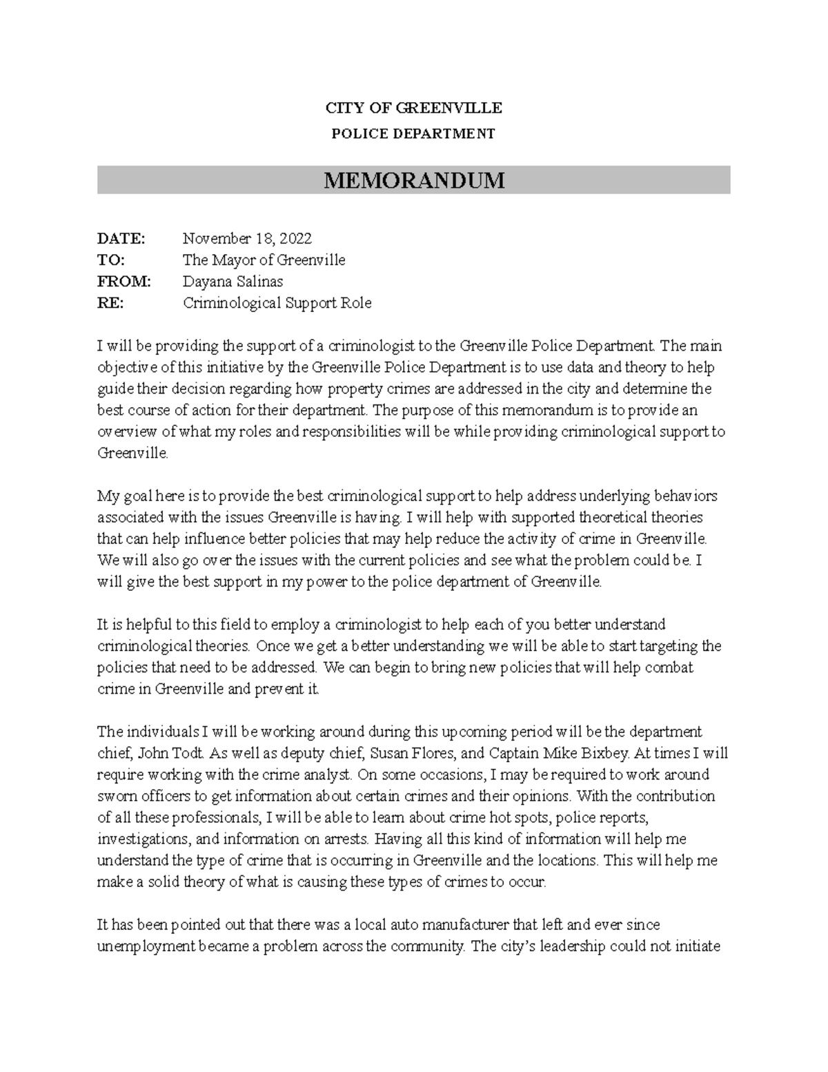 CJ 306 Project One Memo Template - CITY OF GREENVILLE POLICE DEPARTMENT ...