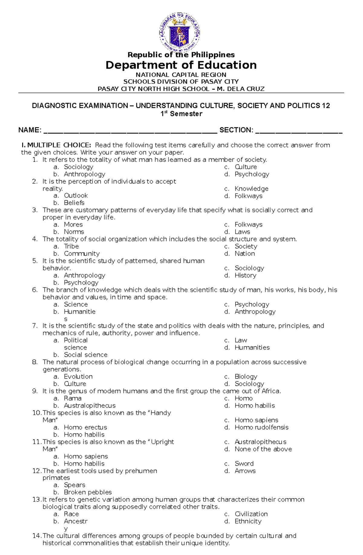 UCSP- Diagnostic TEST - nnn - Republic of the Philippines Department of ...