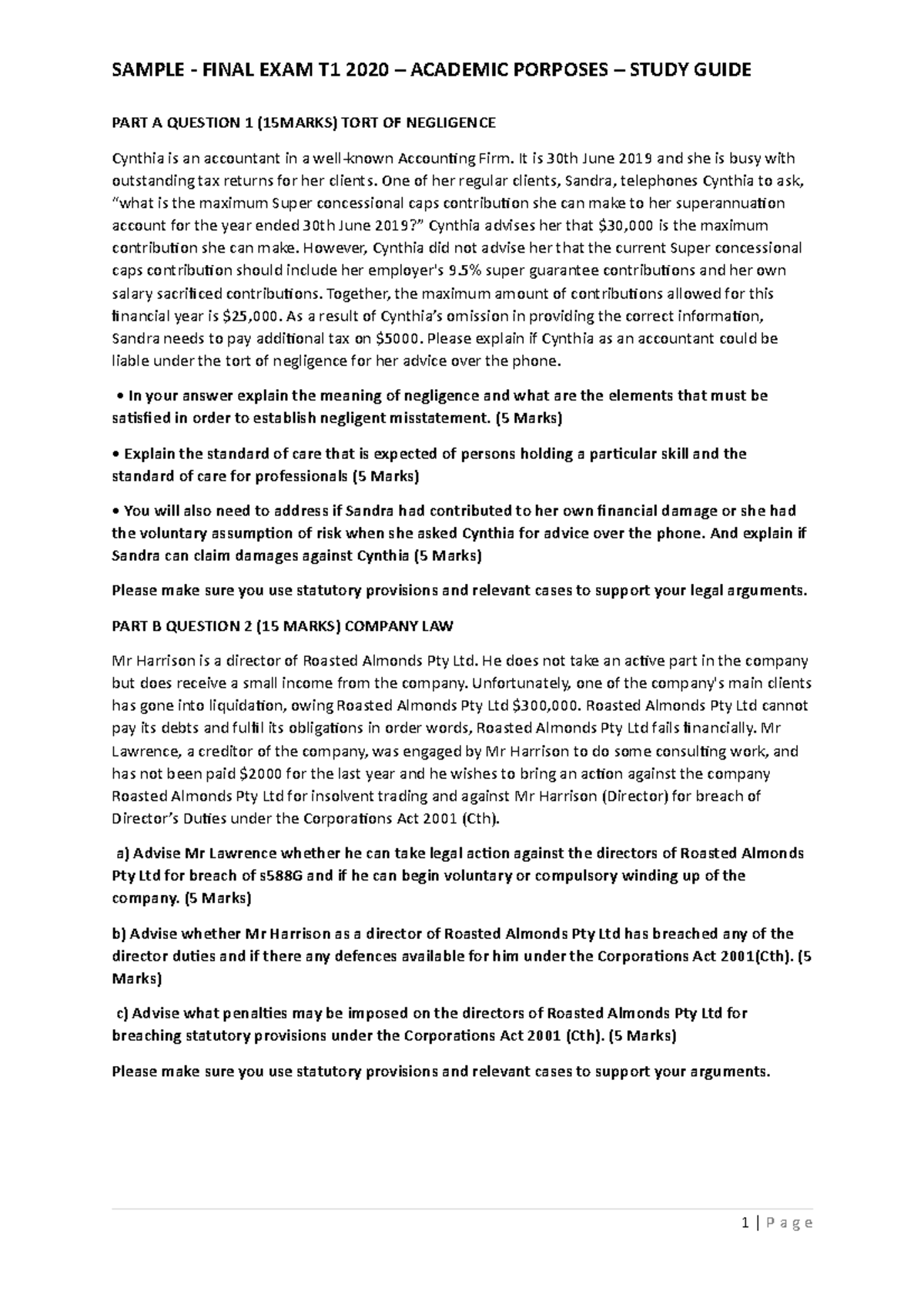 Sample Final EXAM T1 2020 - SAMPLE - FINAL EXAM T1 2020 – ACADEMIC ...