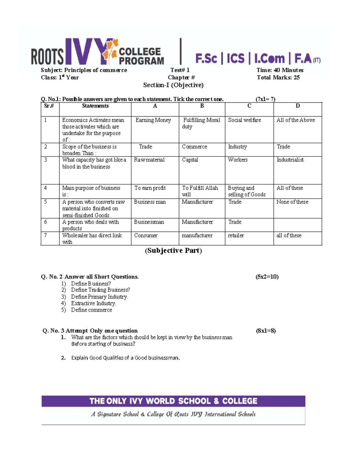 Test 1 Principles of Commerce - Subject: Principles of commerce Test# 1 ...
