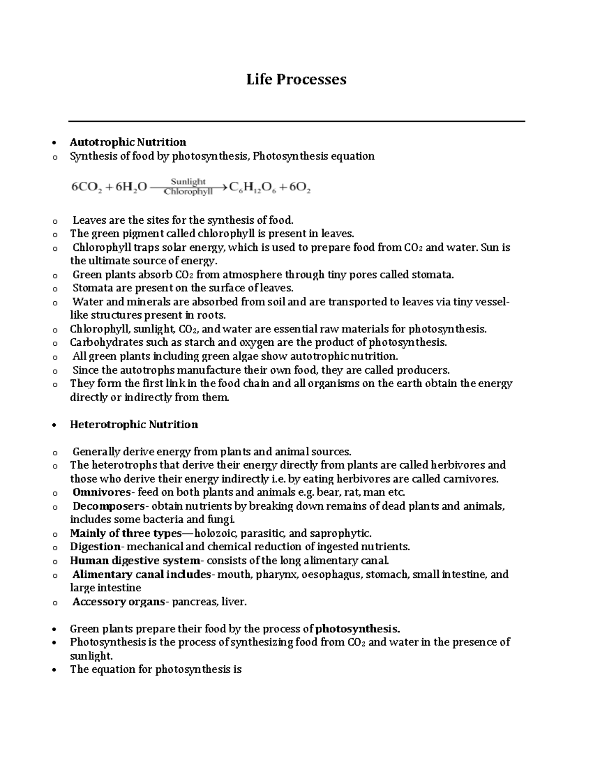 Life processes - Life Processes Autotrophic Nutrition o Synthesis of ...