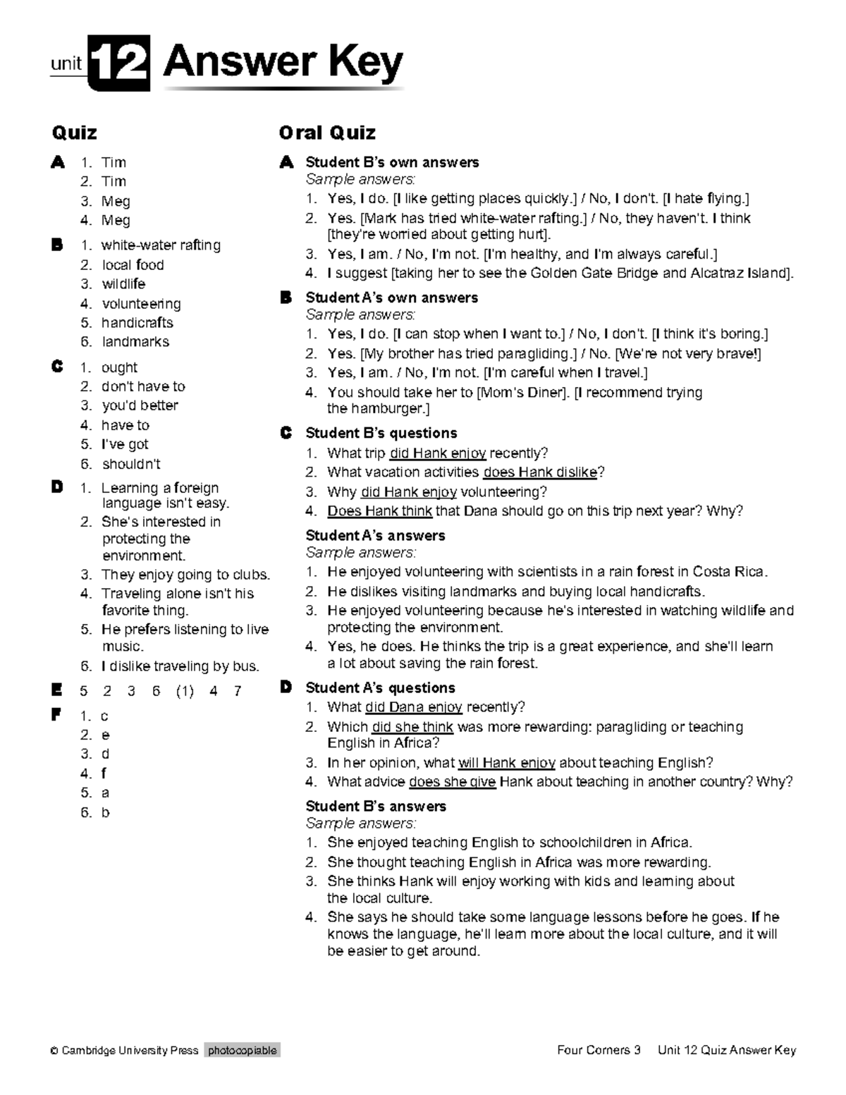 ANSWER KEY UNIT 12 LEVEL 3B FC3 Cambridge University Press