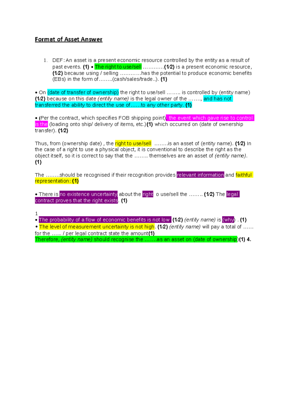 Format of Asset Answer - Format of Asset Answer DEF: An asset is a ...
