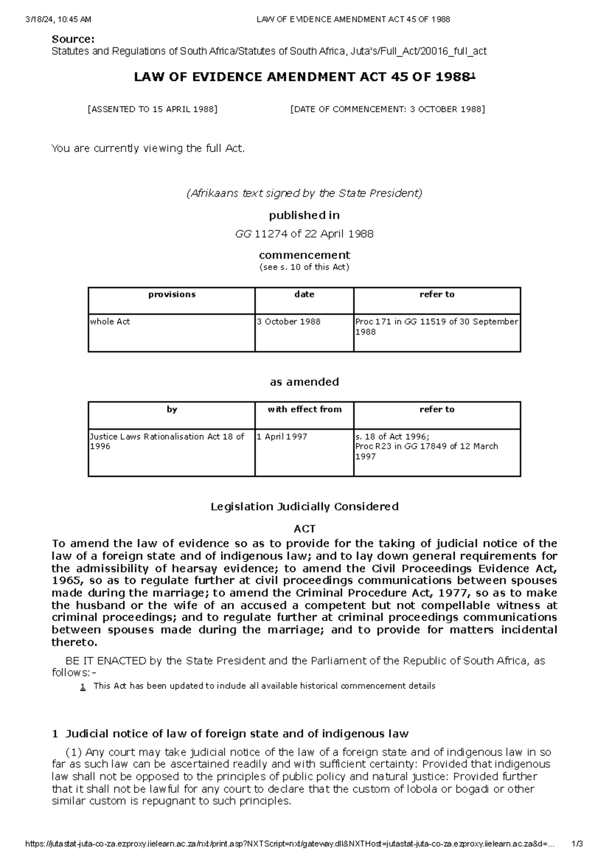 LAW OF Evidence Amendment ACT 45 OF 1988 - 3/18/24, 10:45 AM LAW OF EVIDENCE AMENDMENT ACT 45 OF ...