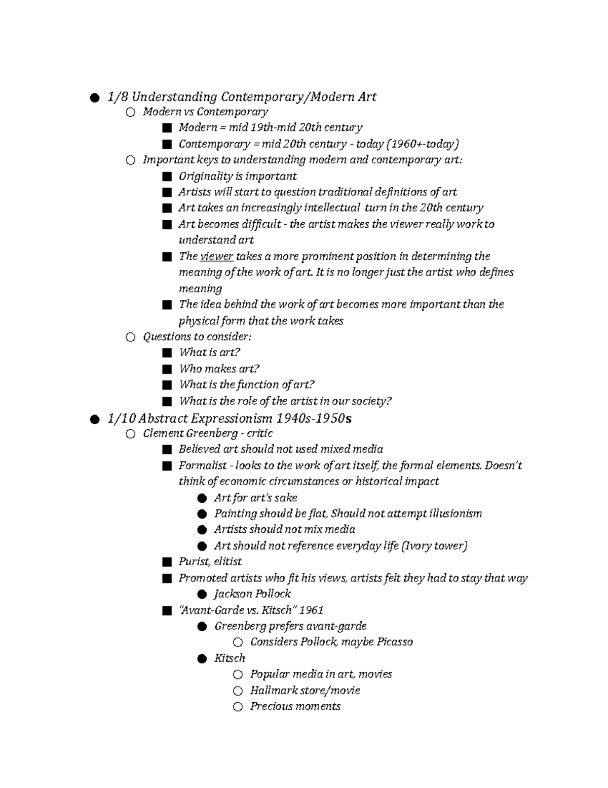 AHS 263 Notes - 1/8 Understanding Contemporary/Modern Art Modern vs ...