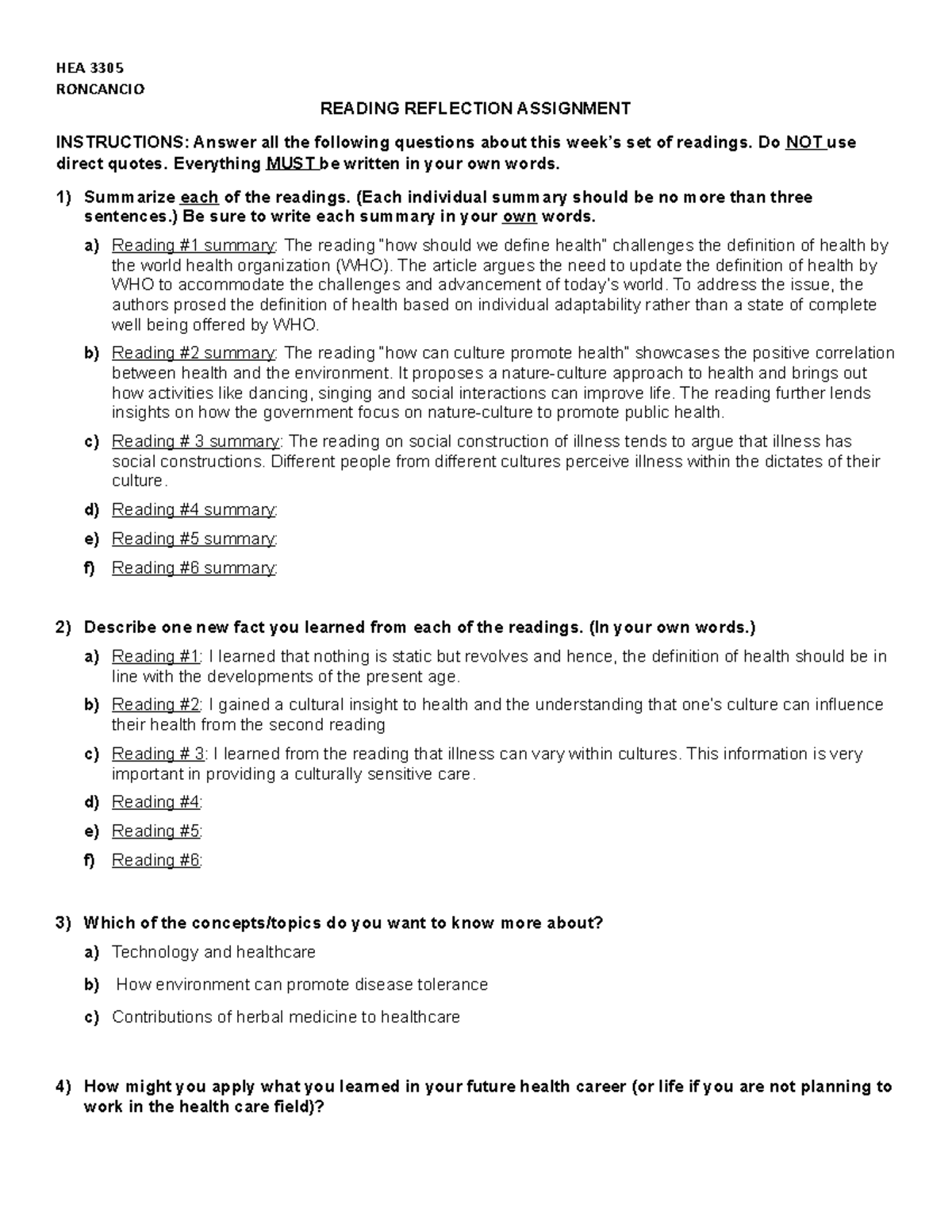 Reading Reflection - HEA 3305 RONCANCIO READING REFLECTION ASSIGNMENT ...