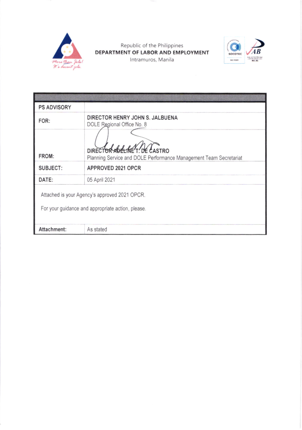 OPCR 2021 - Tnx - A {o Repu blic of the Philippines DEPARTMENT OF LABOR ...