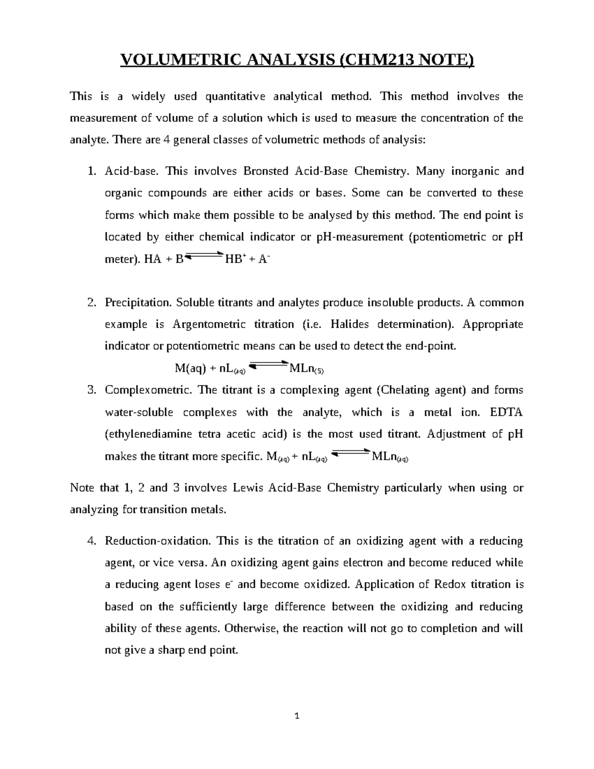 CHM 213 note - VOLUMETRIC ANALYSIS (CHM213 NOTE) This is a widely used ...