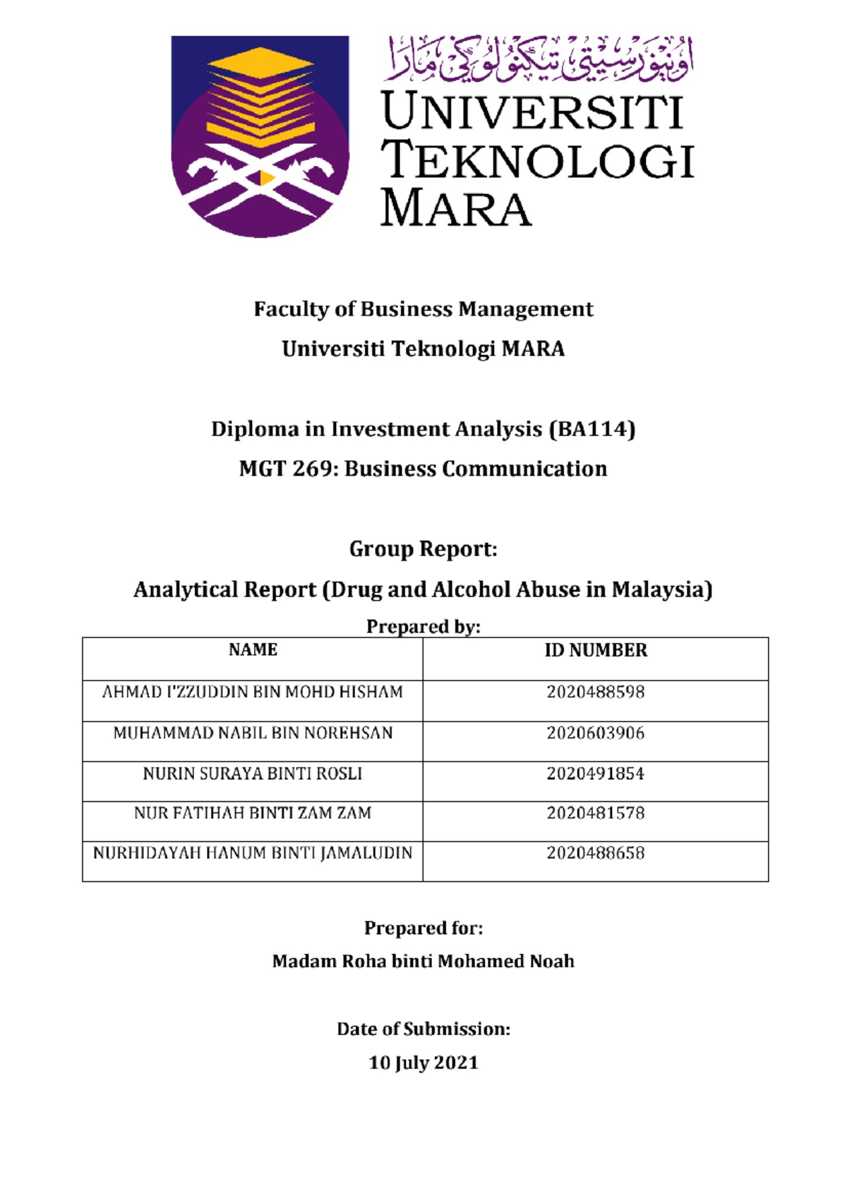 Universiti Teknologi MARA (UITM) Analytical Report MGT 269 Group Report ...