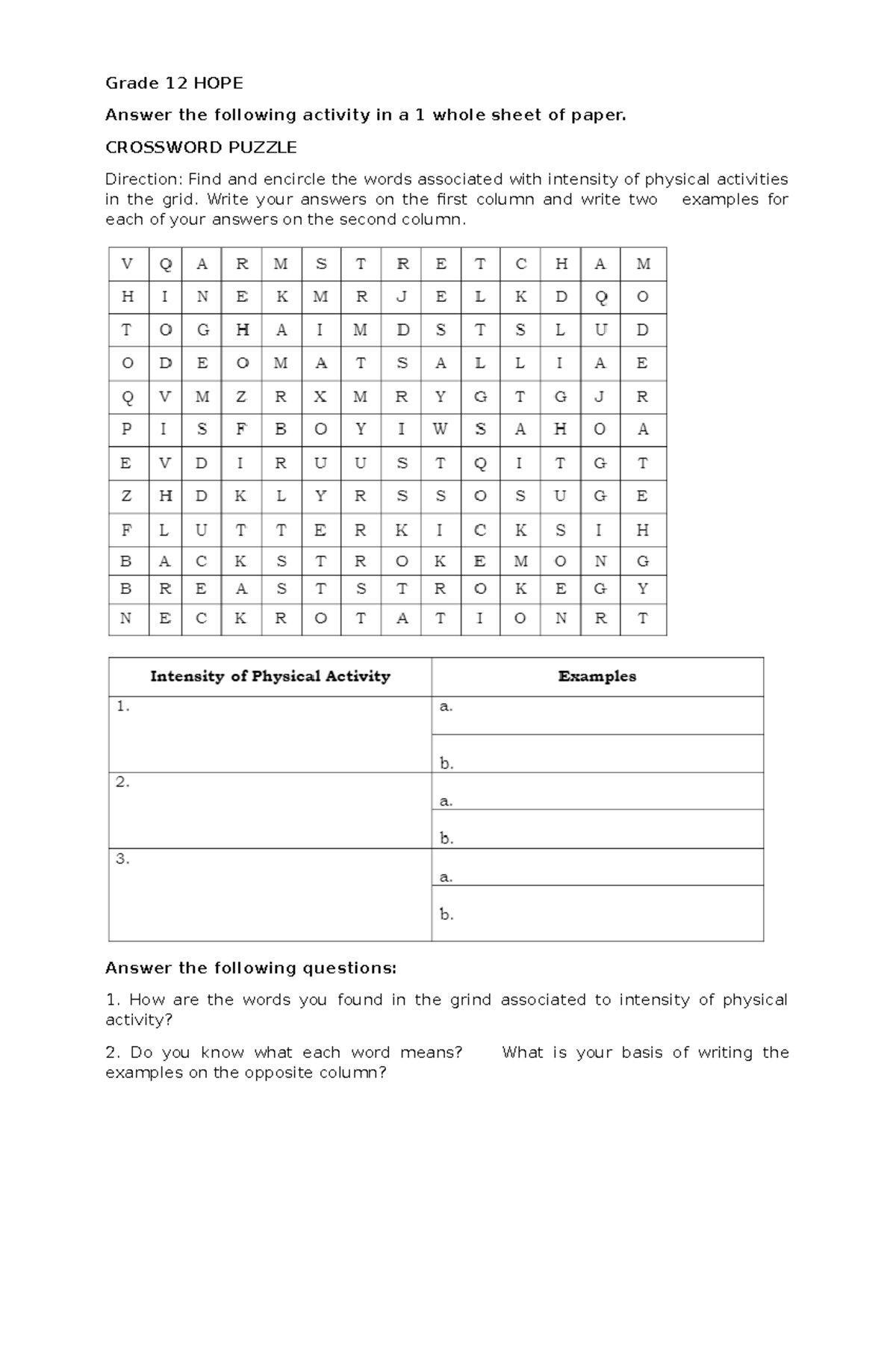 Grade-12-HOPE - Grade 12 HOPE Answer the following activity in a 1 ...