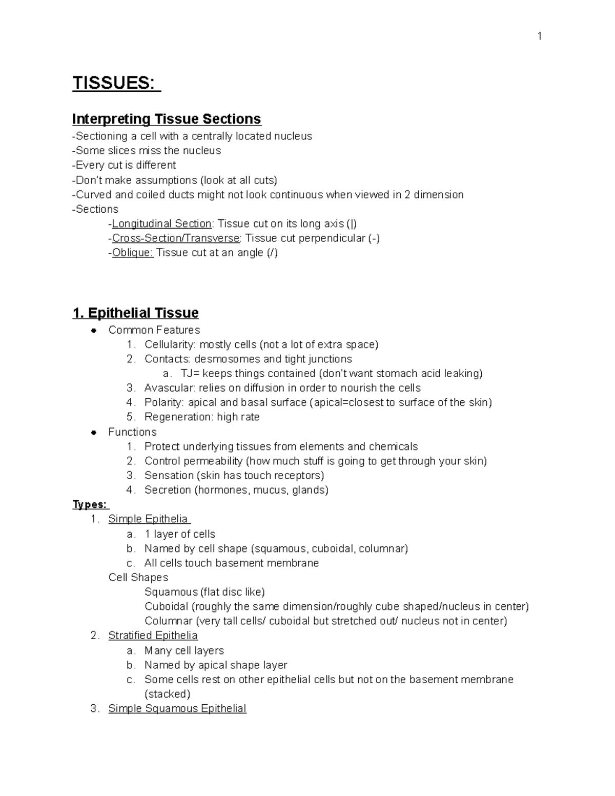 Tissues - Lecture notes 6 - 1 TISSUES: Interpreting Tissue Sections a ...