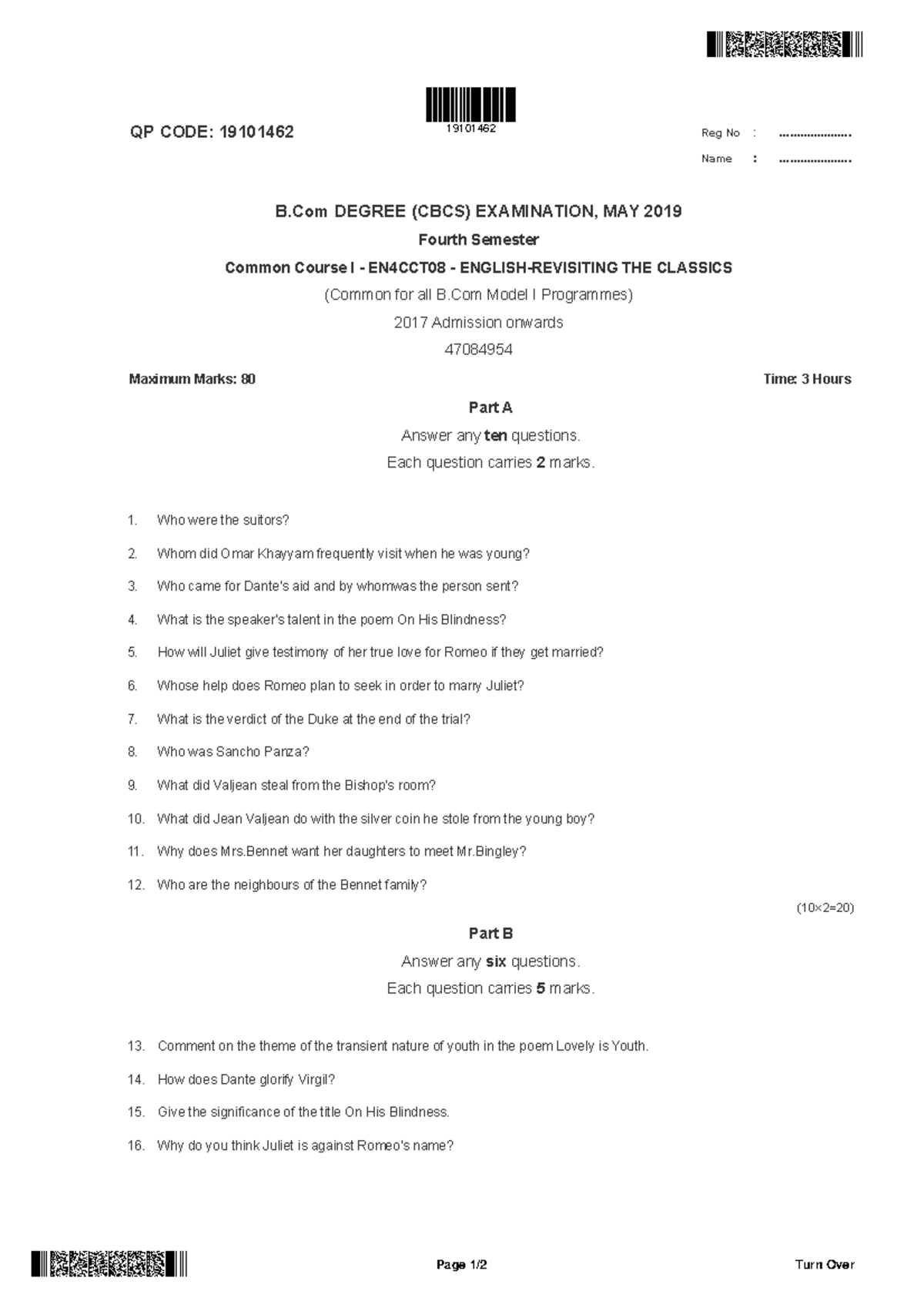 B.com (7) - Previous year question paper 2017 batch - QP CODE: 19101462 Reg No : - Studocu