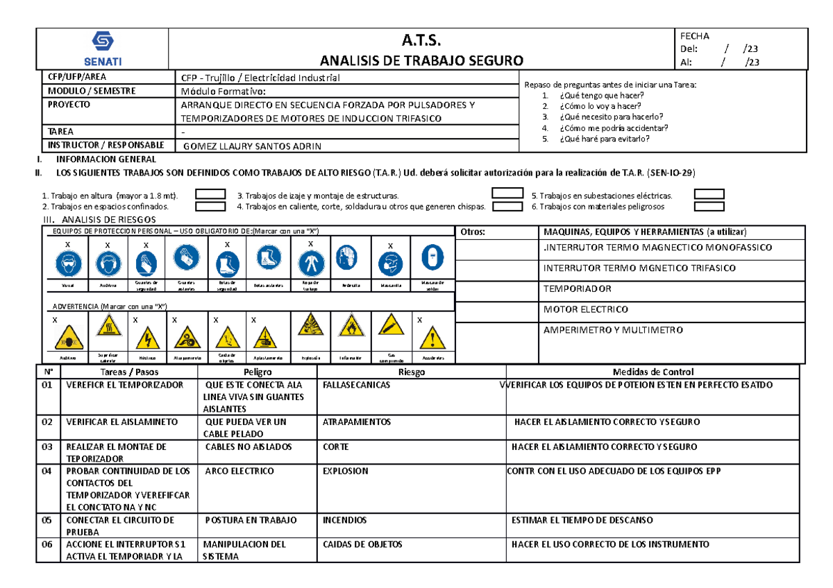 ATS EN Electricidad Industrial - A.T. ANALISIS DE TRABAJO SEGURO FECHA Del: / / Al: / / CFP/UFP ...