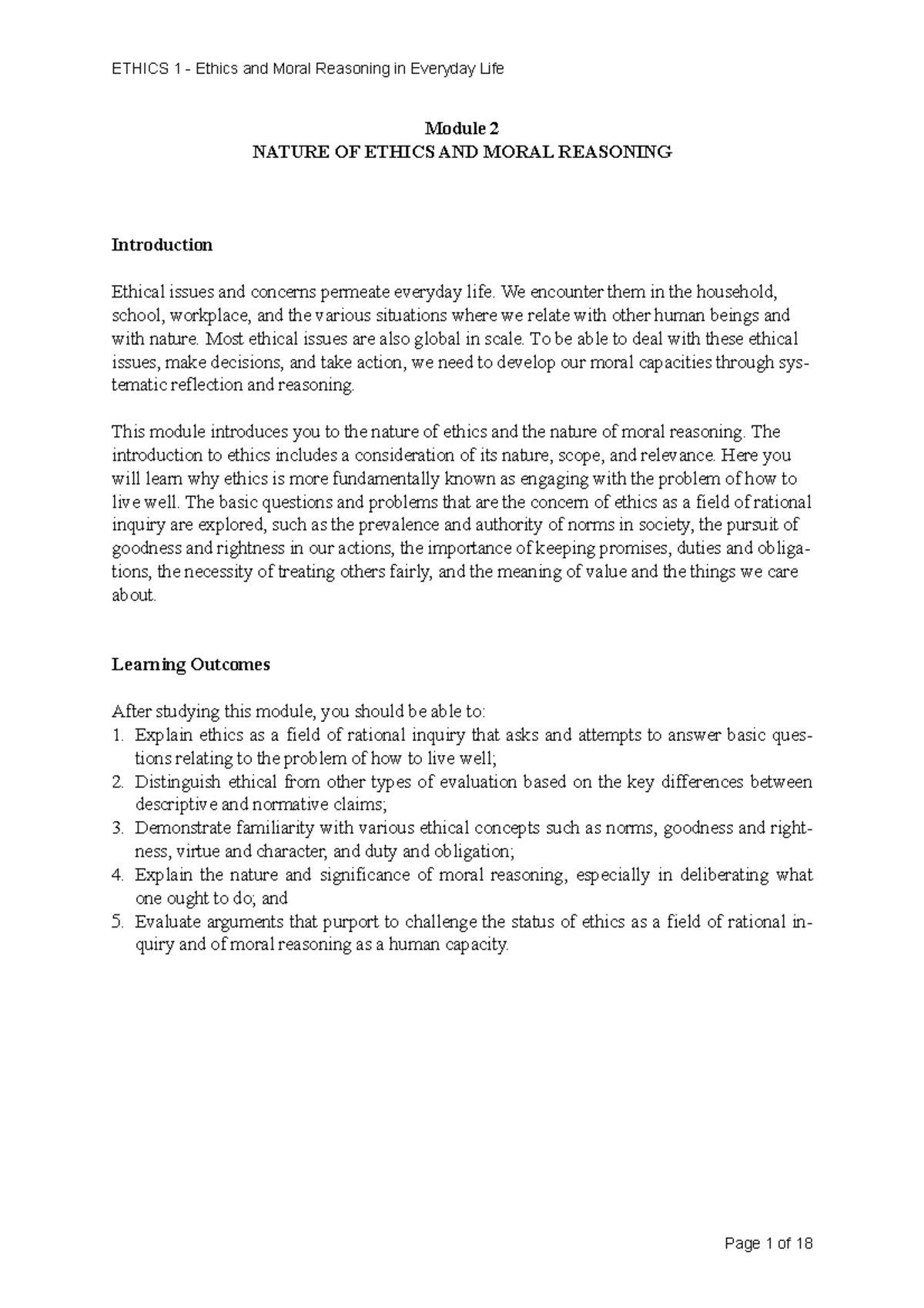 08 Ethics 1 Module 2 study guide (Aug 2018 ) - Module 2 NATURE OF ETHICS AND MORAL REASONING ...