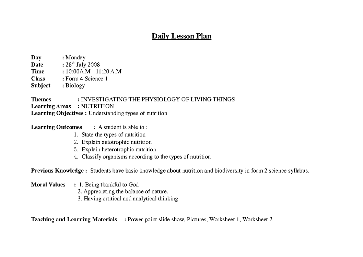 (Frontpage) - Example lesson plan - Daily Lesson Plan Day : Monday Date ...