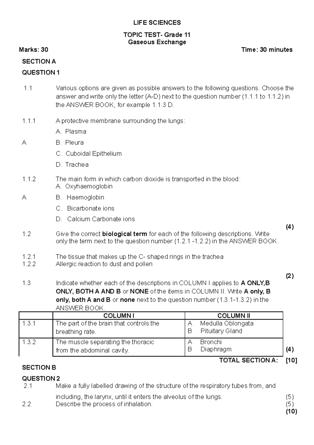 Gr11 Topic Test Gaseous Exchange - LIFE SCIENCES TOPIC TEST- Grade 11 ...