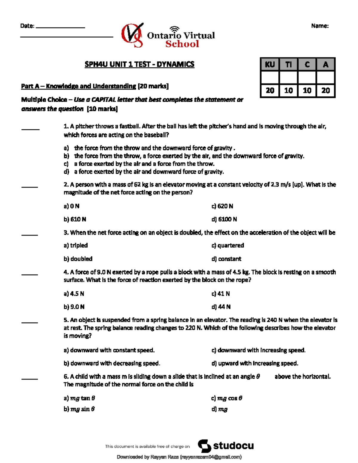 Ovs phys test 1 - Test 1 - Studocu