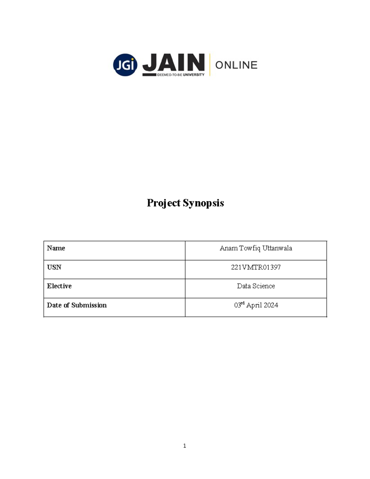 Project Synopsis Template - Data Science - Project Synopsis Name Anam ...