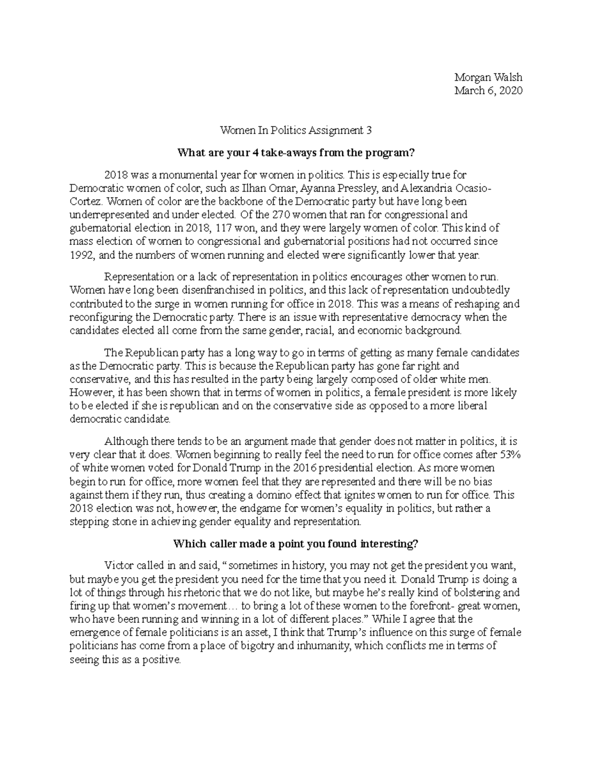 Women In Politics Assignment 3 - Morgan Walsh March 6, 2020 Women In ...